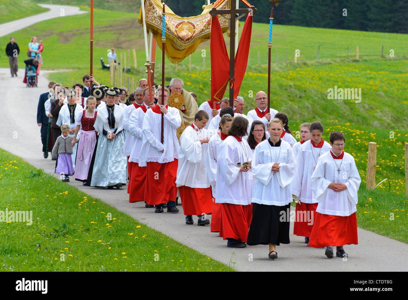 traditional and catholic procession in Bavaria, Germany, in village ...