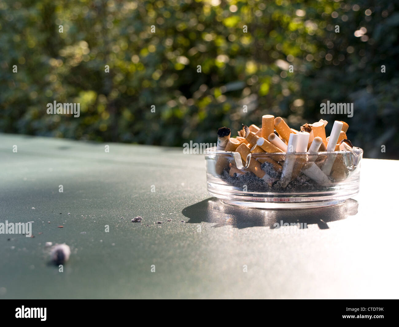 Glass ashtray completely filled with used cigarette Butts and one ...