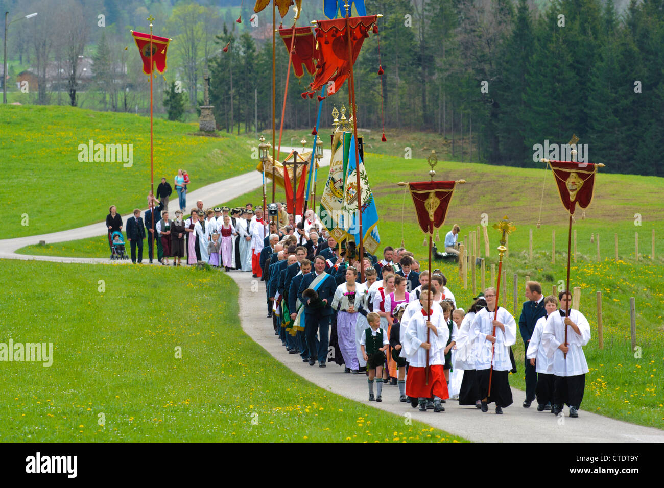 traditional and catholic procession in Bavaria, Germany, in village ...