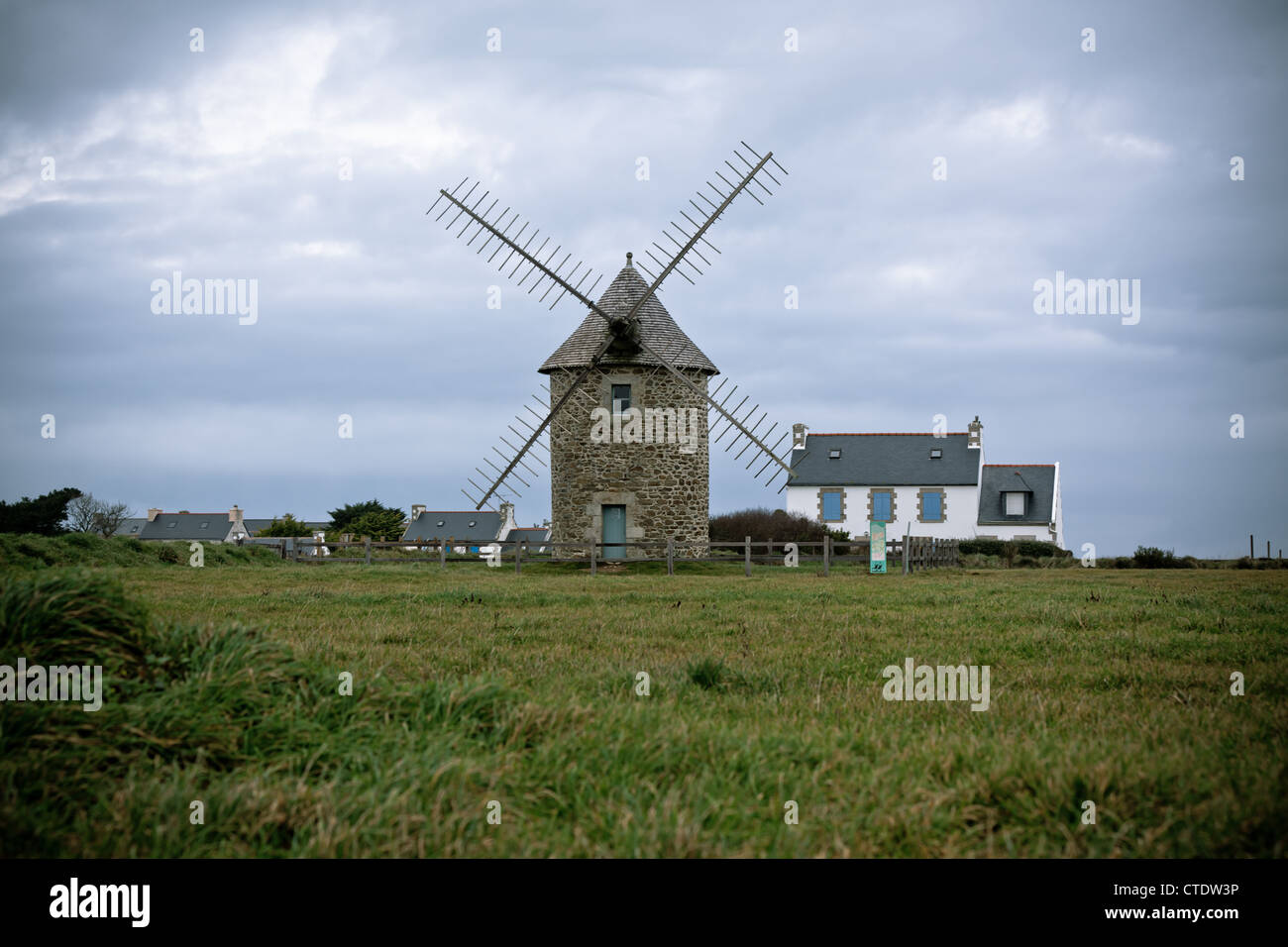Dull Landscape with Old windmill in Brittany, Western France. Toned ...