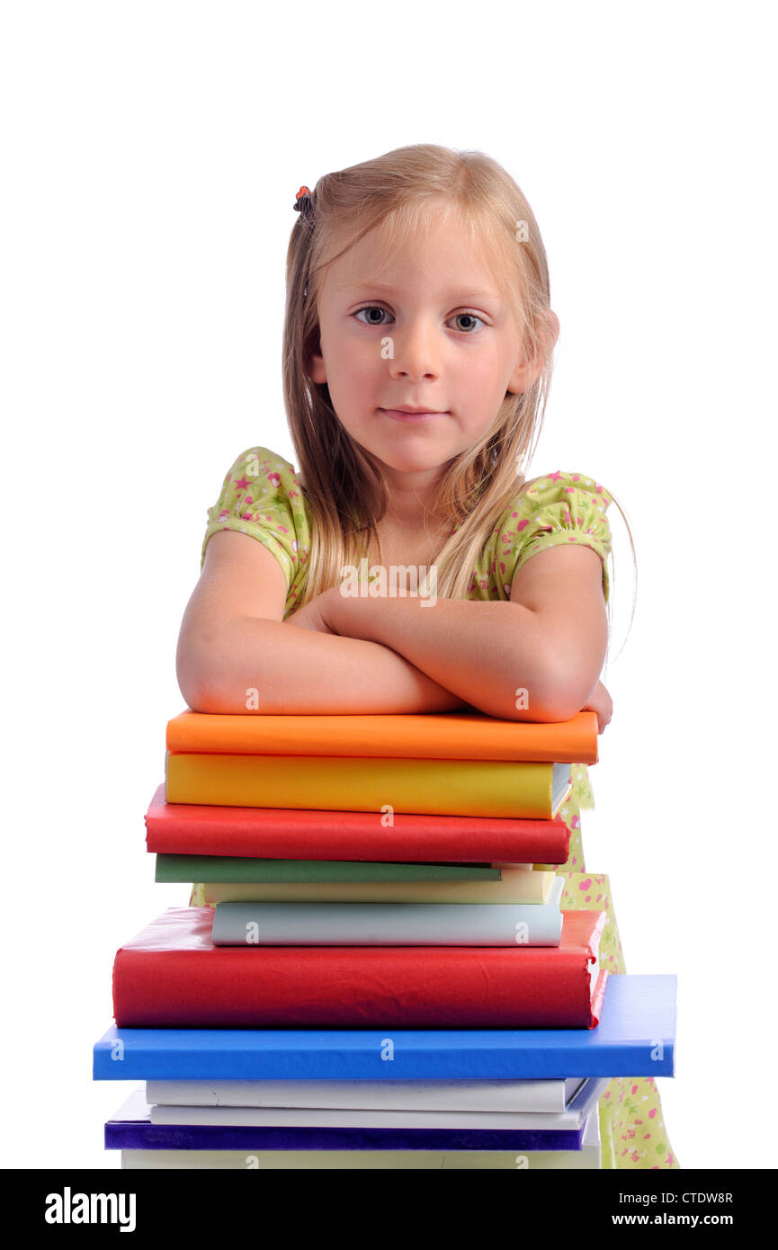 little girl with stack of books. isolated on white background Stock ...
