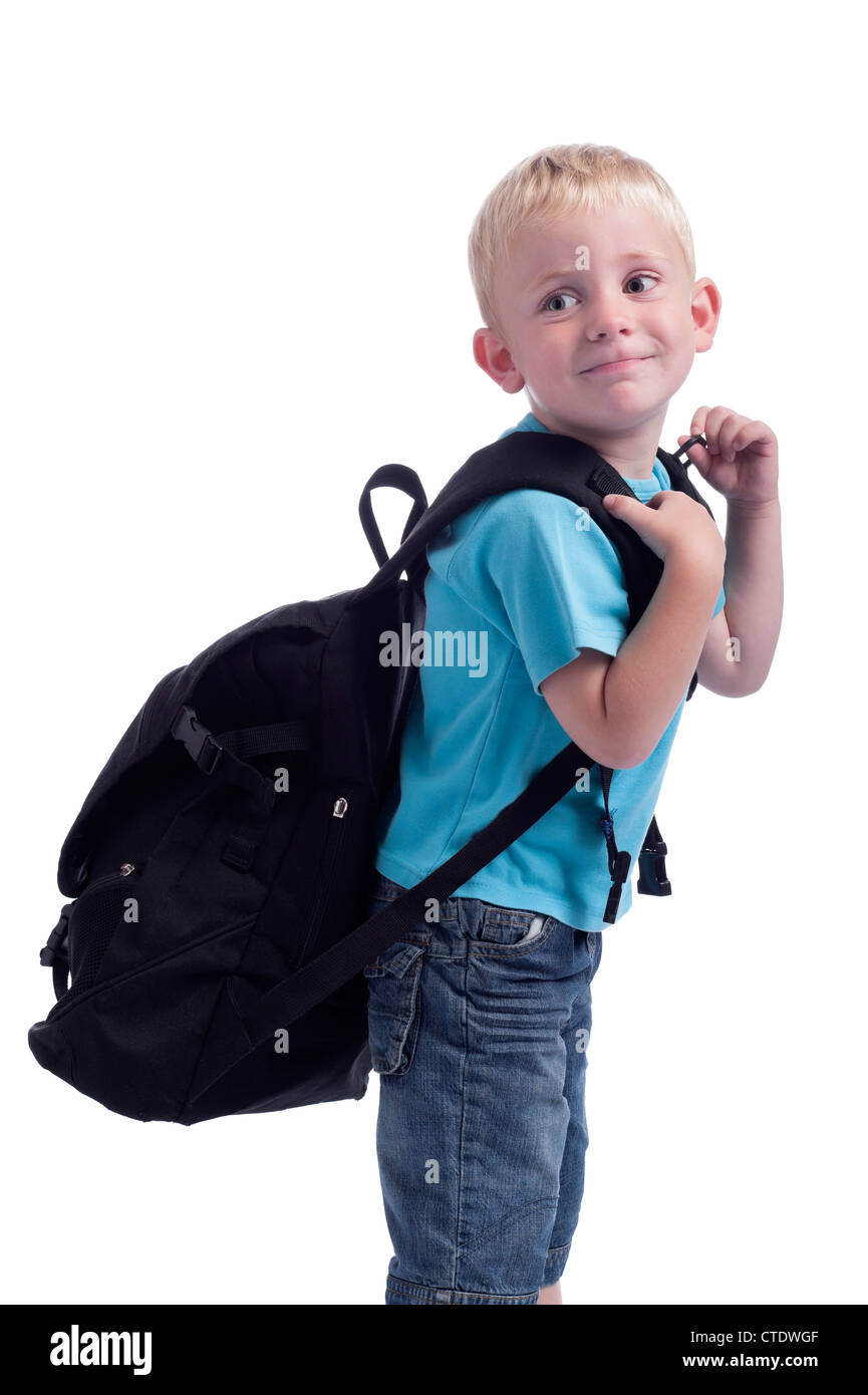 little boy with backpack. Isolated on white background Stock Photo - Alamy