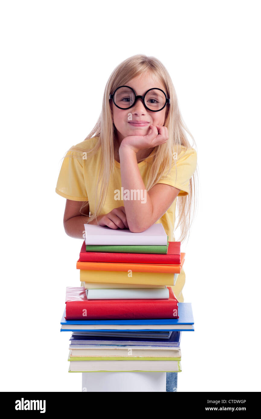 girls with stack of books. Isolated on white background Stock Photo - Alamy