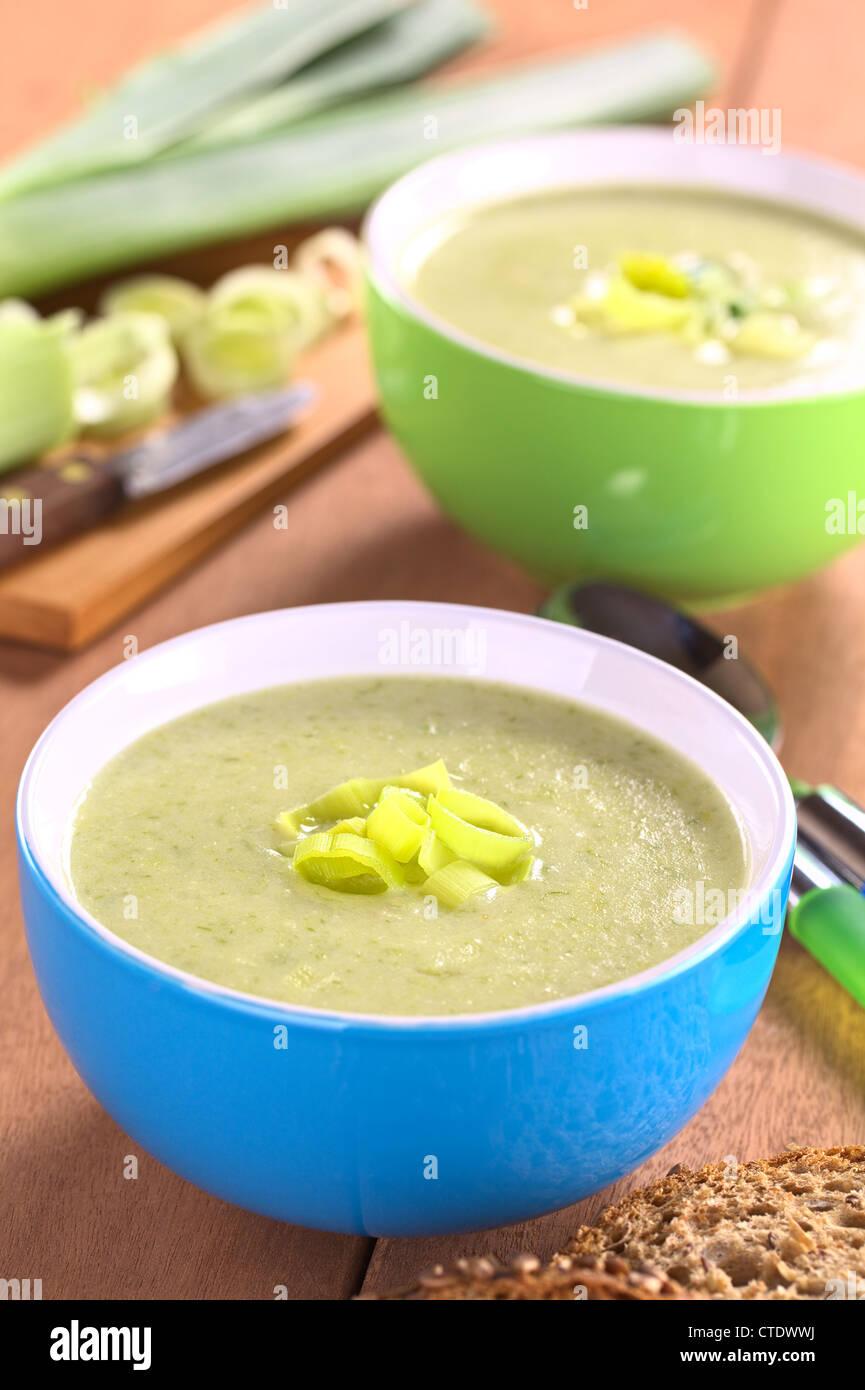 Fresh homemade leek soup (Selective Focus, Focus on the leek rings on ...