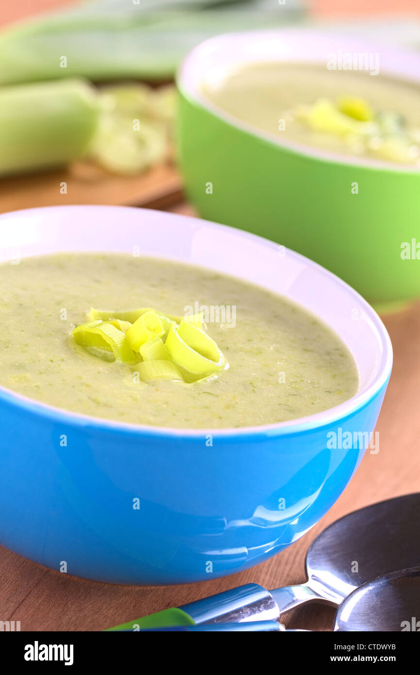 Fresh homemade leek soup (Selective Focus, Focus on the leek rings on ...
