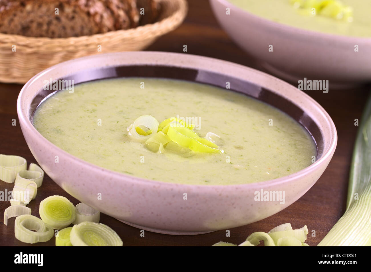 Fresh homemade leek soup (Selective Focus, Focus on the leek rings on ...