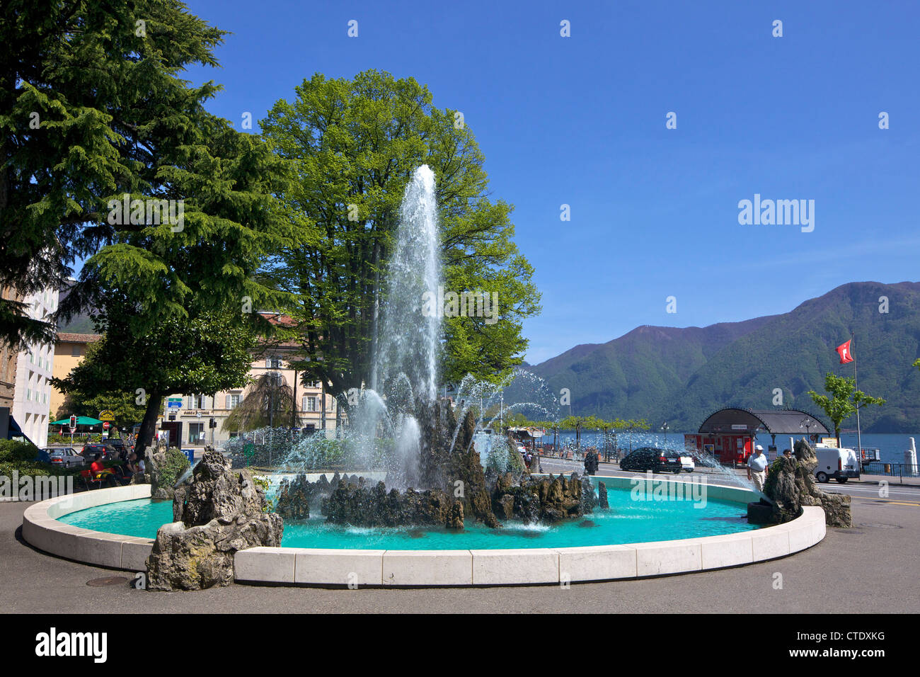 Fountain at Piazza Manzoni, city of Lugano, Lake Lugano, Ticino ...