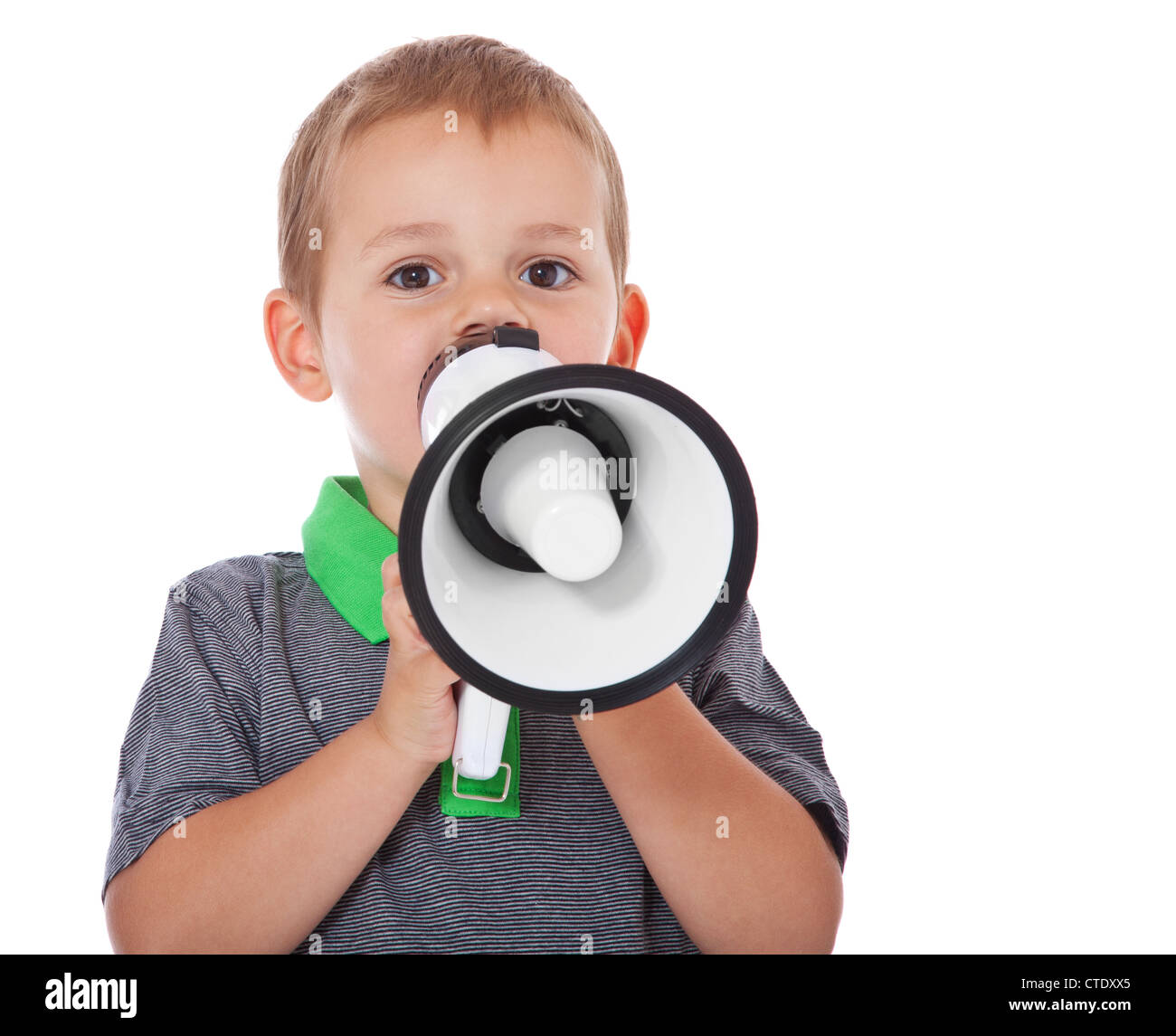 Cute little boy using a megaphone. All isolated on white background ...