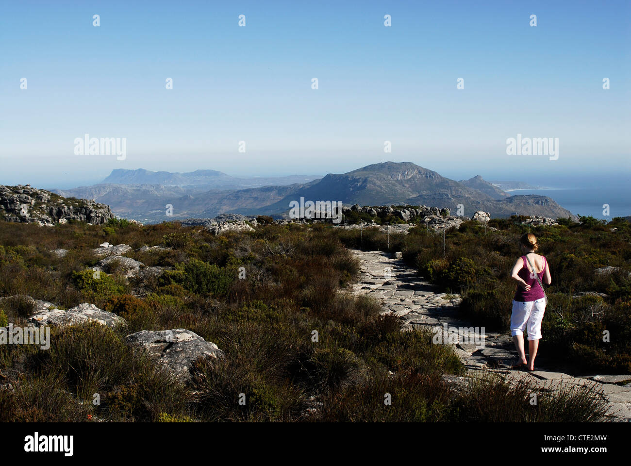 Lone female walks along path on top of table mountain hi-res stock ...