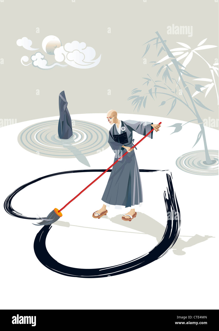 Zen monk in a garden painting a large heart on the floor with a big ...