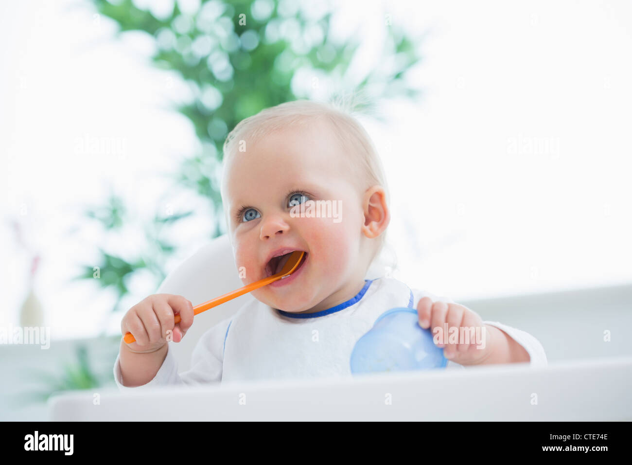 Baby holding a spoon while putting it in his mouth Stock Photo - Alamy