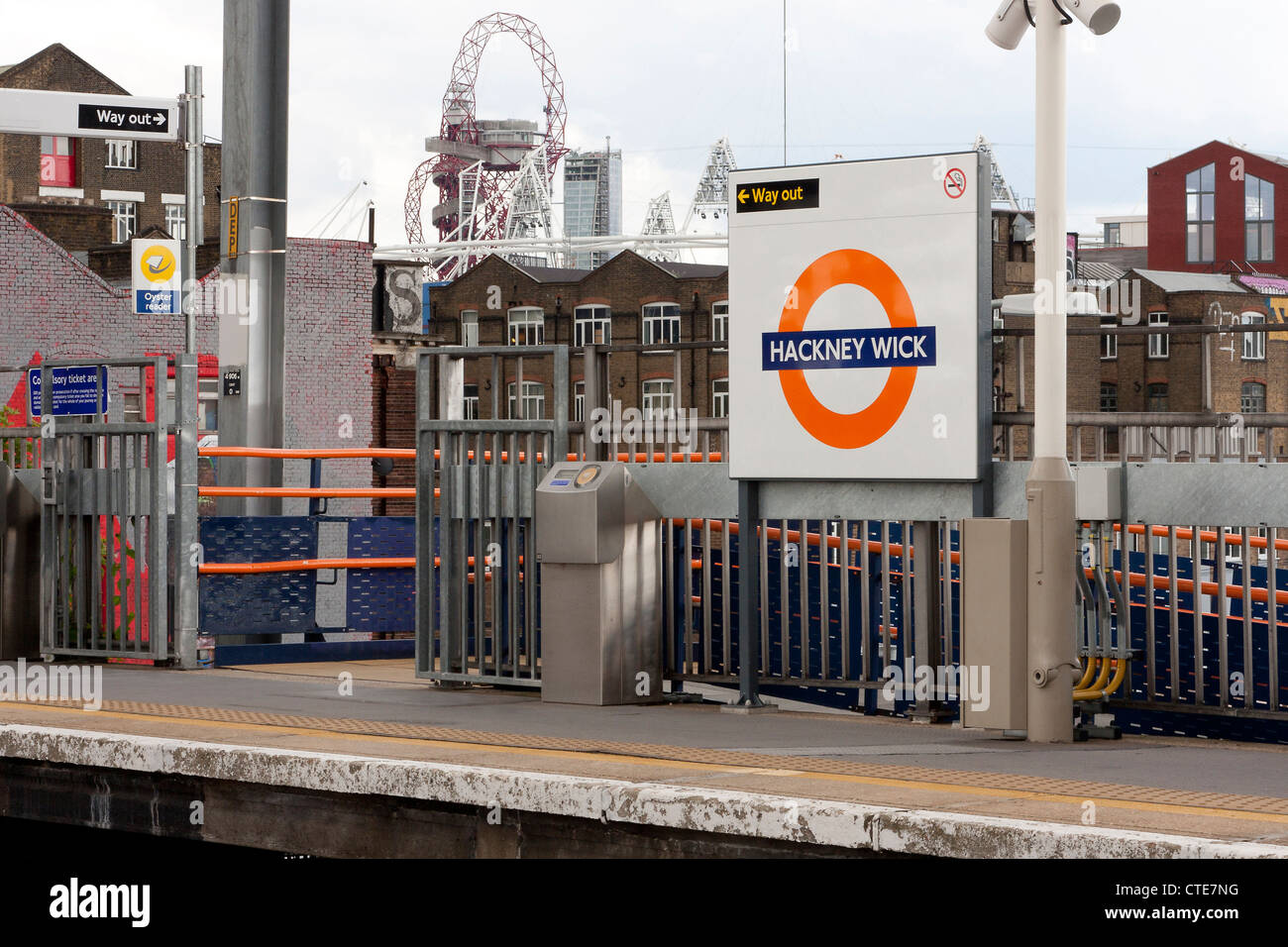 Hackney Wick station, wide shot of sign with Olympic Stadium in ...