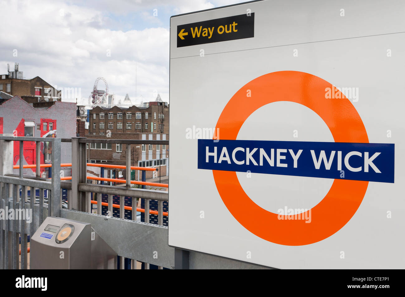 Hackney Wick Station, TFL Overground sign close up detail with Olympic ...
