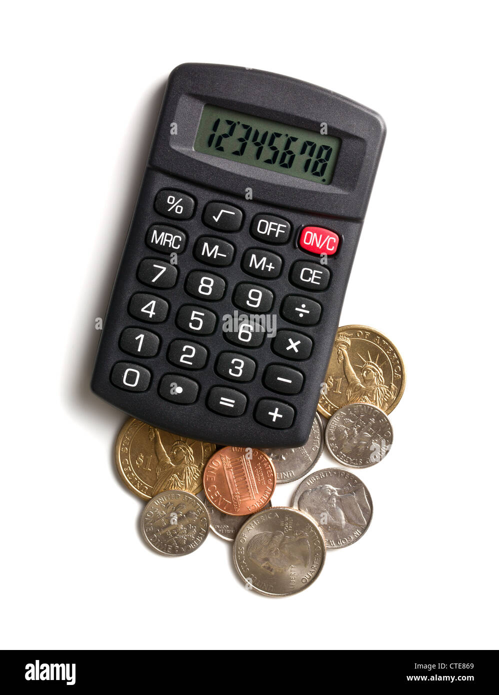 calculator and american currency on white background Stock Photo - Alamy