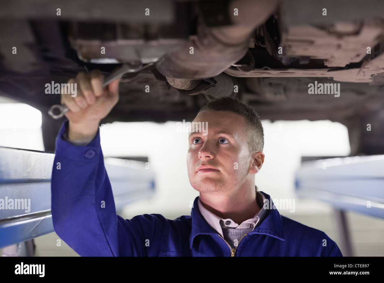 Mechanic repairing a car with a spanner Stock Photo - Alamy
