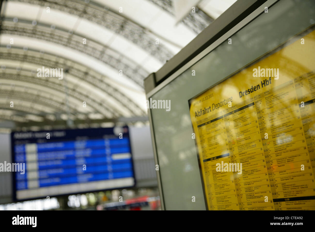 Train information board in the modern Dresden Hauptbahnhof railway ...
