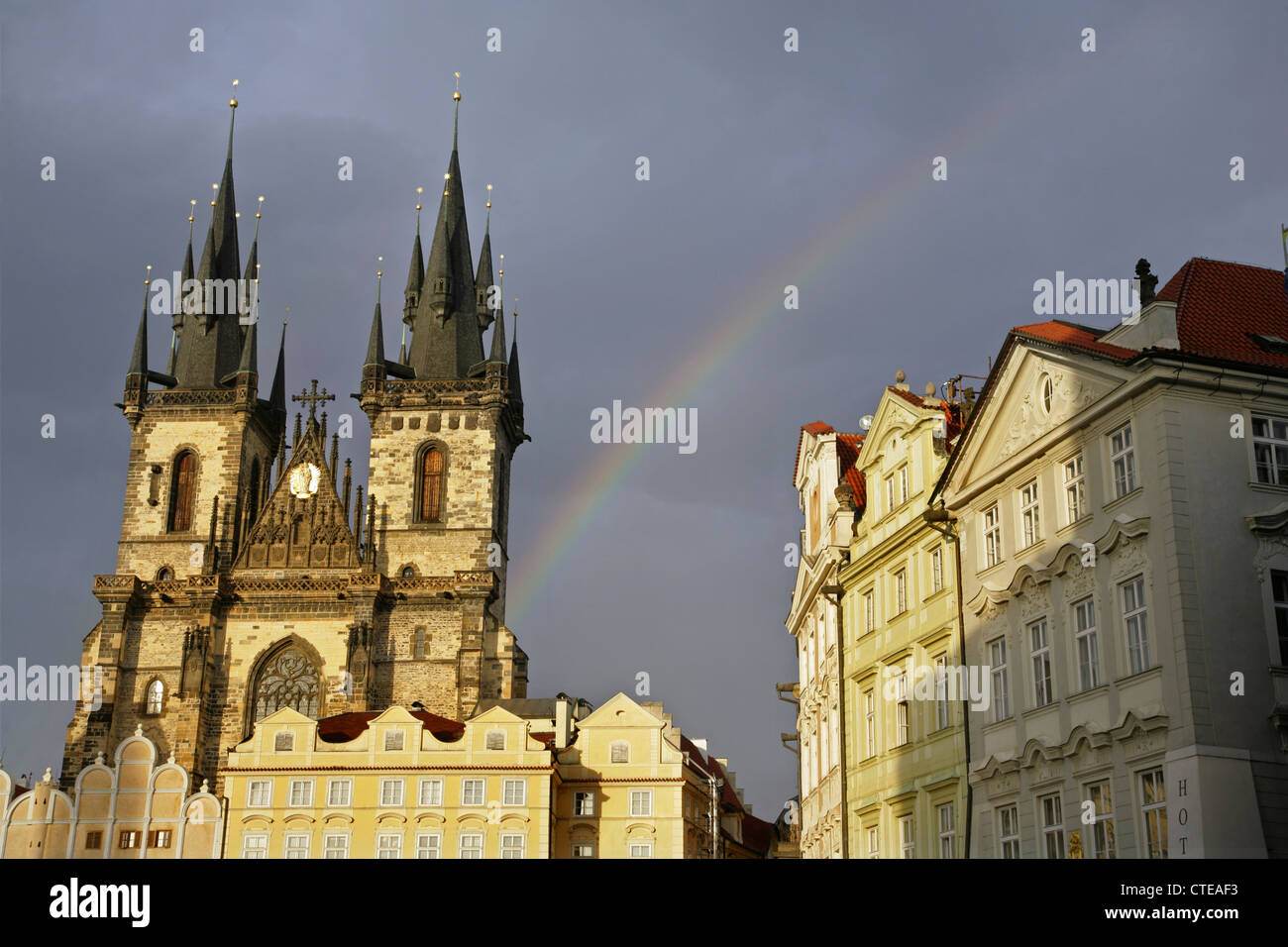 Rainbow over the Tyn Church, Prague, Czech Republic Stock Photo - Alamy