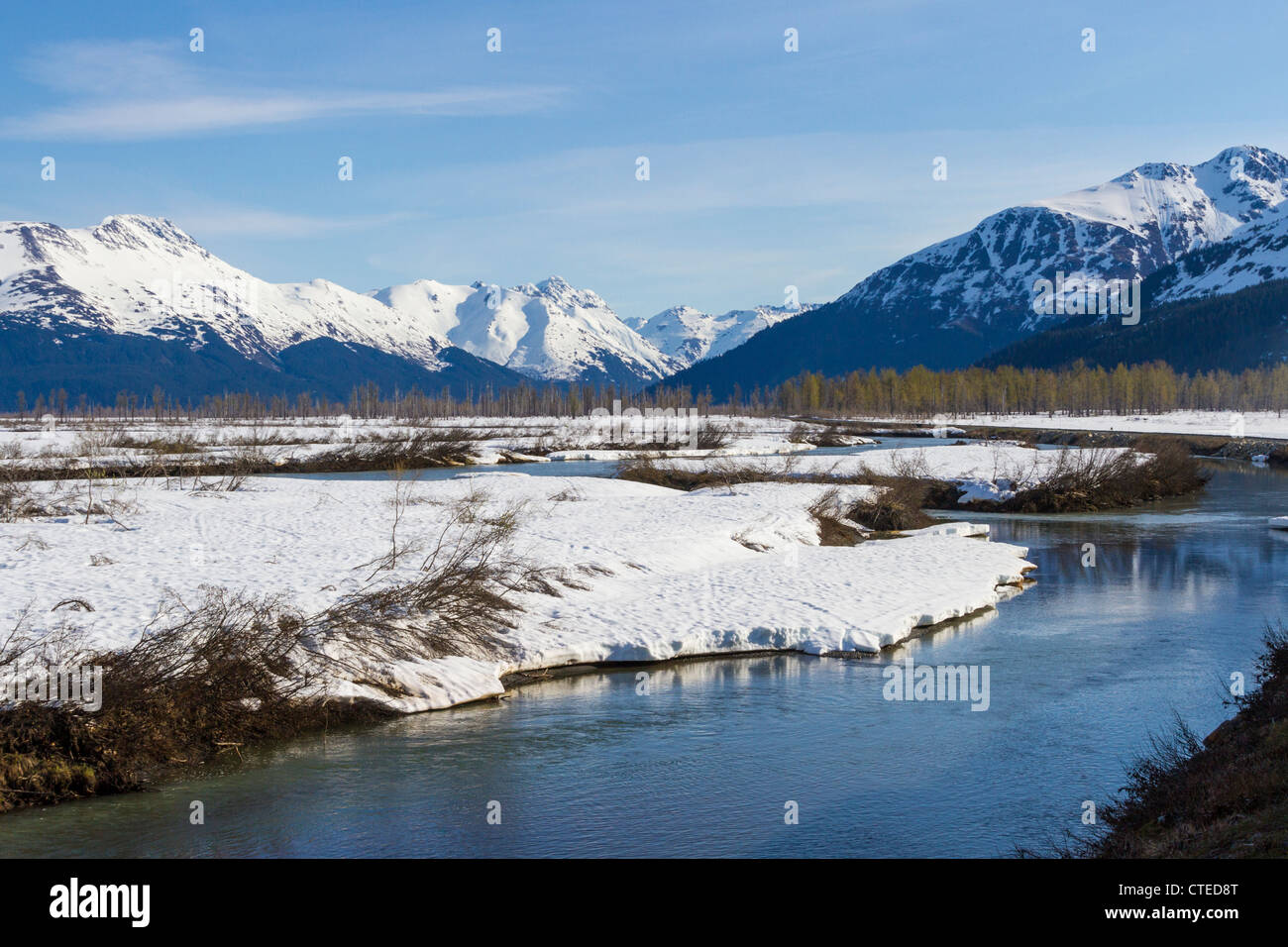 Snow and ice in Kenai Mountains of Alaska, viewed from Alaska Railroad ...