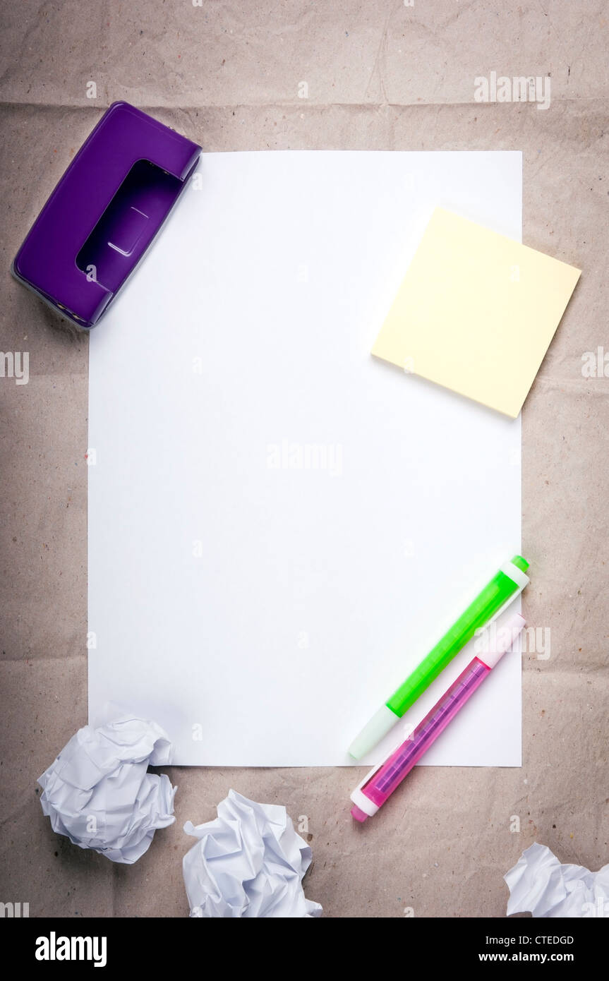 School student background of white paper with colorful highlighters and ...