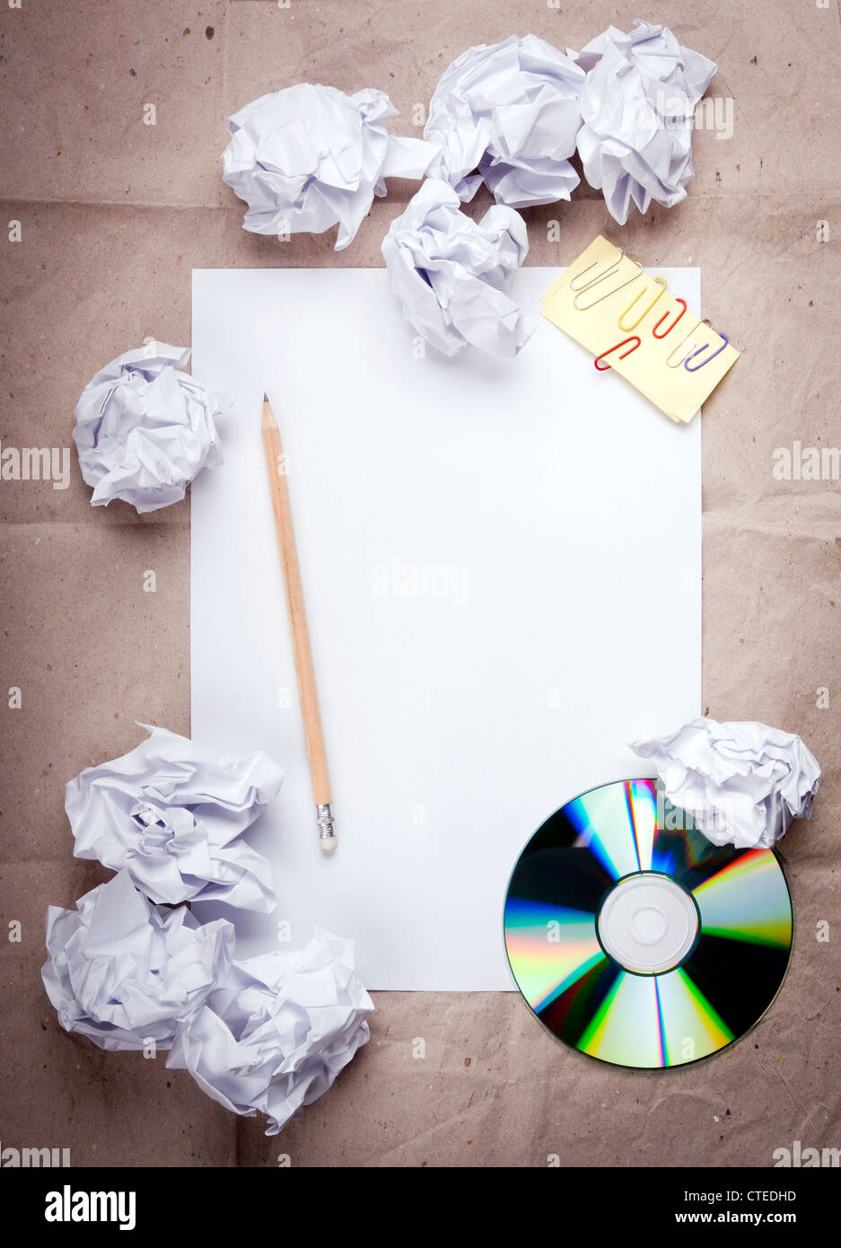 Creative work background with crumpled up paper, office objects and ...