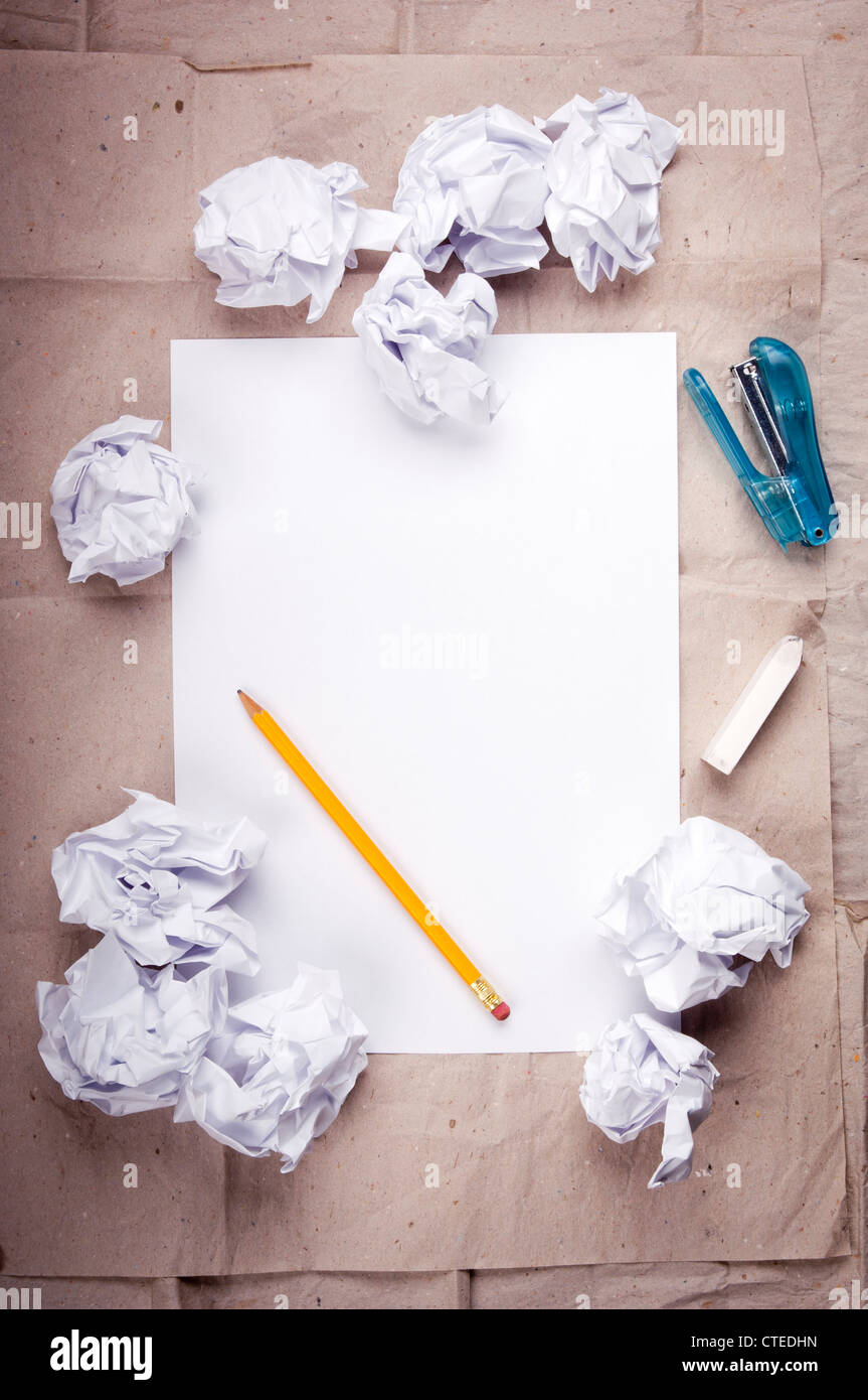Creative work background with crumpled up paper, office objects and ...