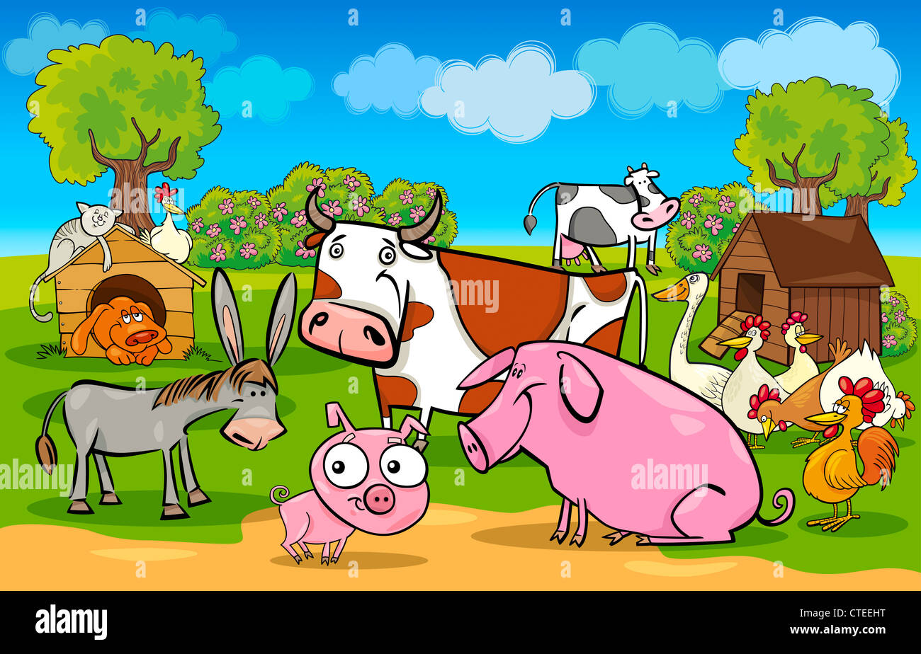 cartoon illustration of rural scene with cute farm animals group Stock ...