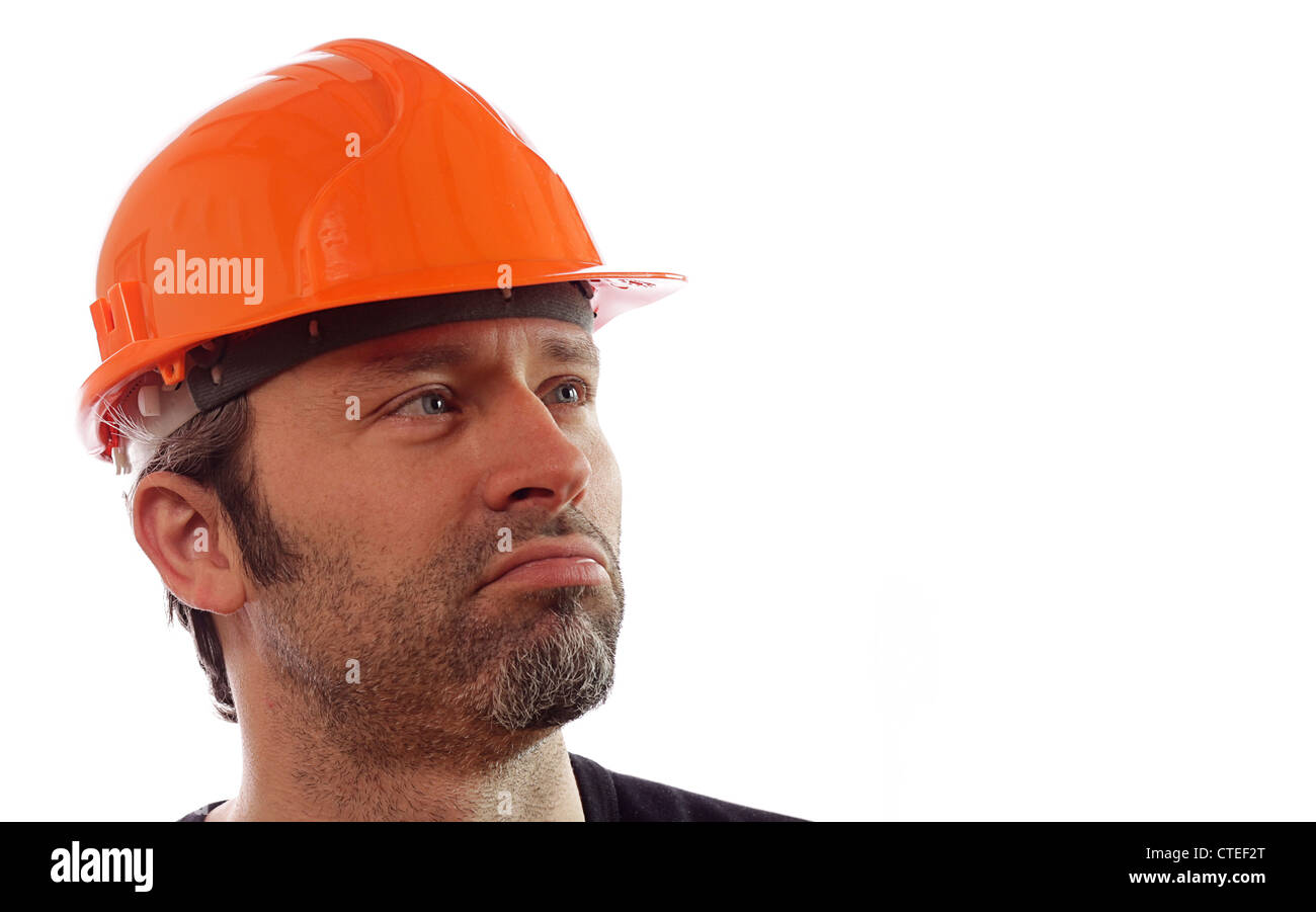 Construction worker thinking Stock Photo - Alamy