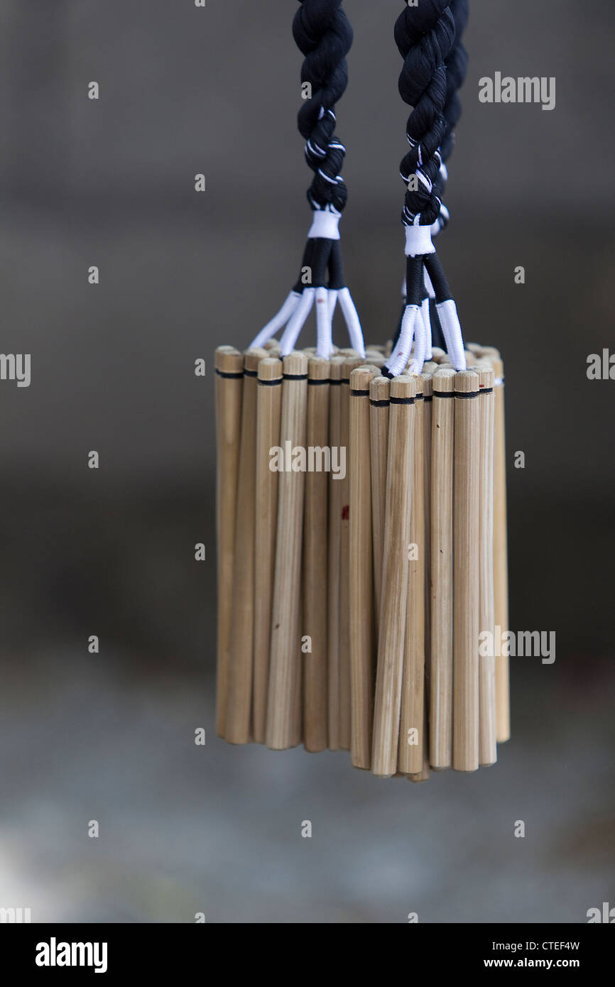 numerous small sticks grouped together and tied to plaited rope forms ...