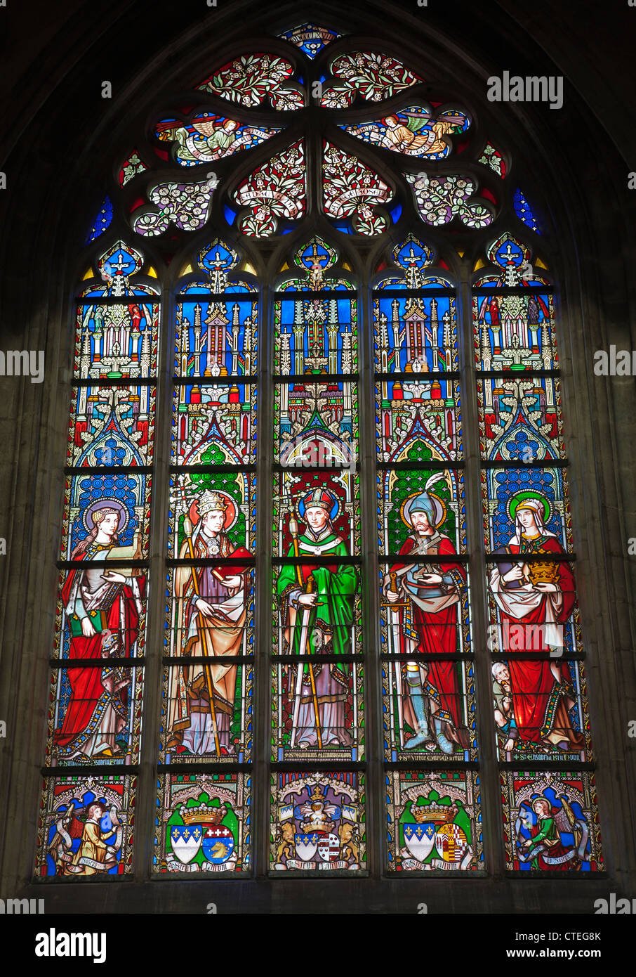 BRUSSELS - JUNE 22: Saints from windowpane in gothic church Notre Dame ...