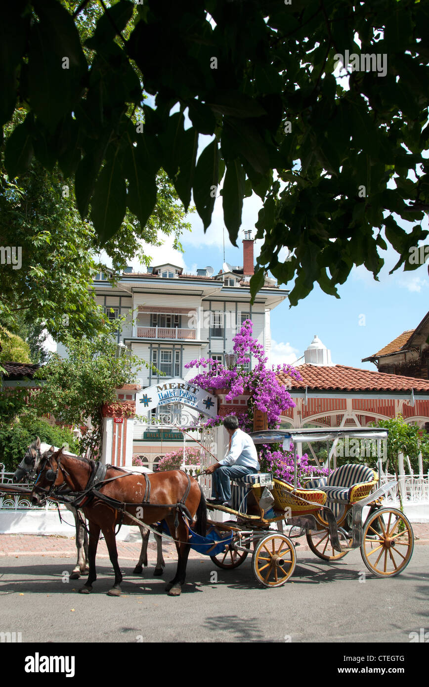 ISTANBUL, TURKEY. A horse-drawn phaeton outside the Merit Halki Palas ...