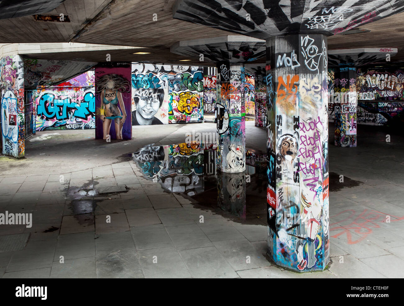 UK, London, South Bank - July 2012 Graffiti covered walls and pillars ...