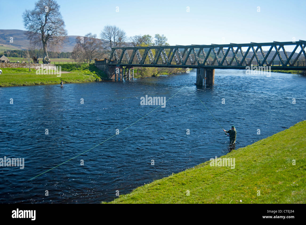 Salmon angler on the Scottish River Spey in Spring at Cromdale. SCO ...