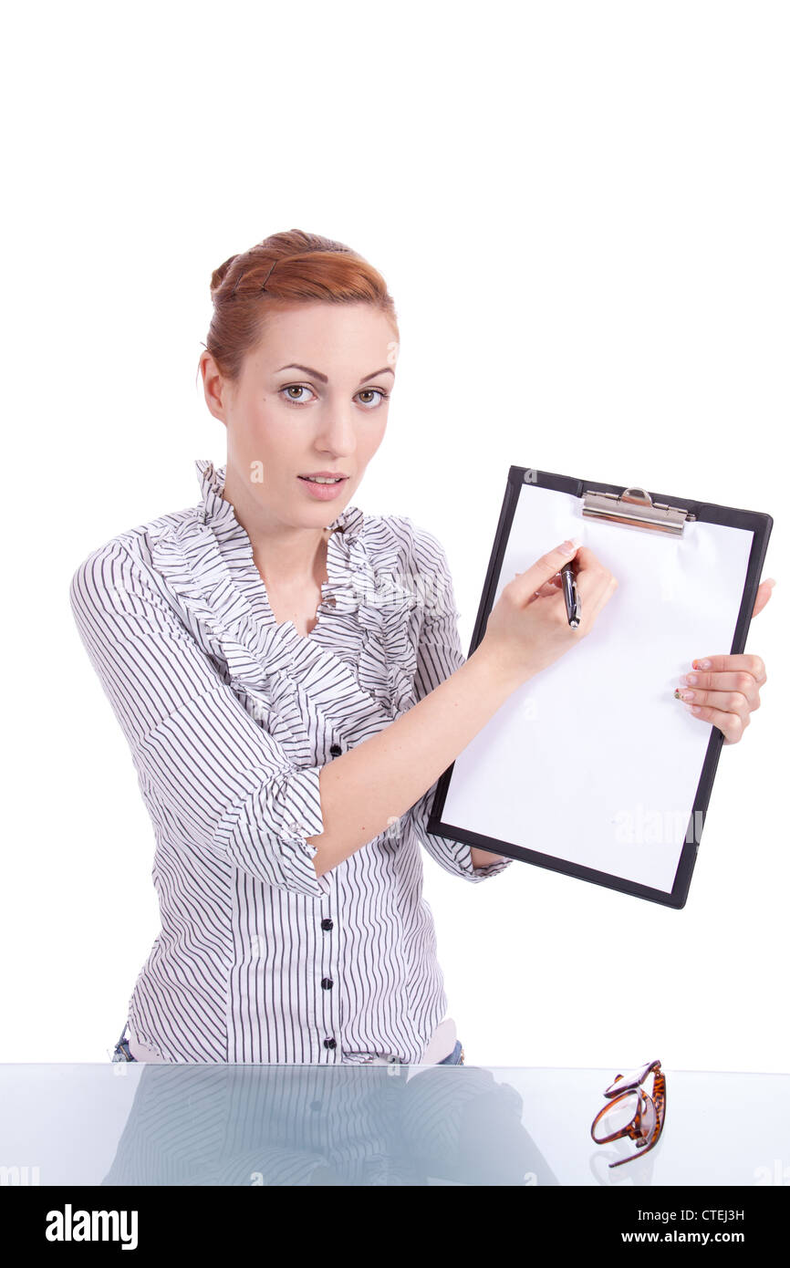 young business woman with clipboard isolated on white Stock Photo - Alamy