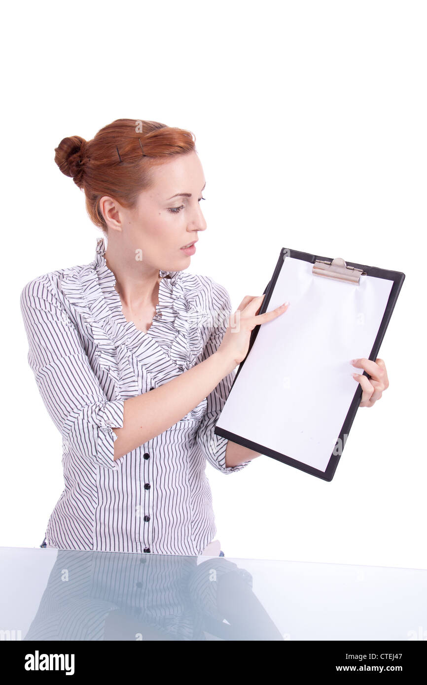 young business woman with clipboard isolated on white Stock Photo - Alamy