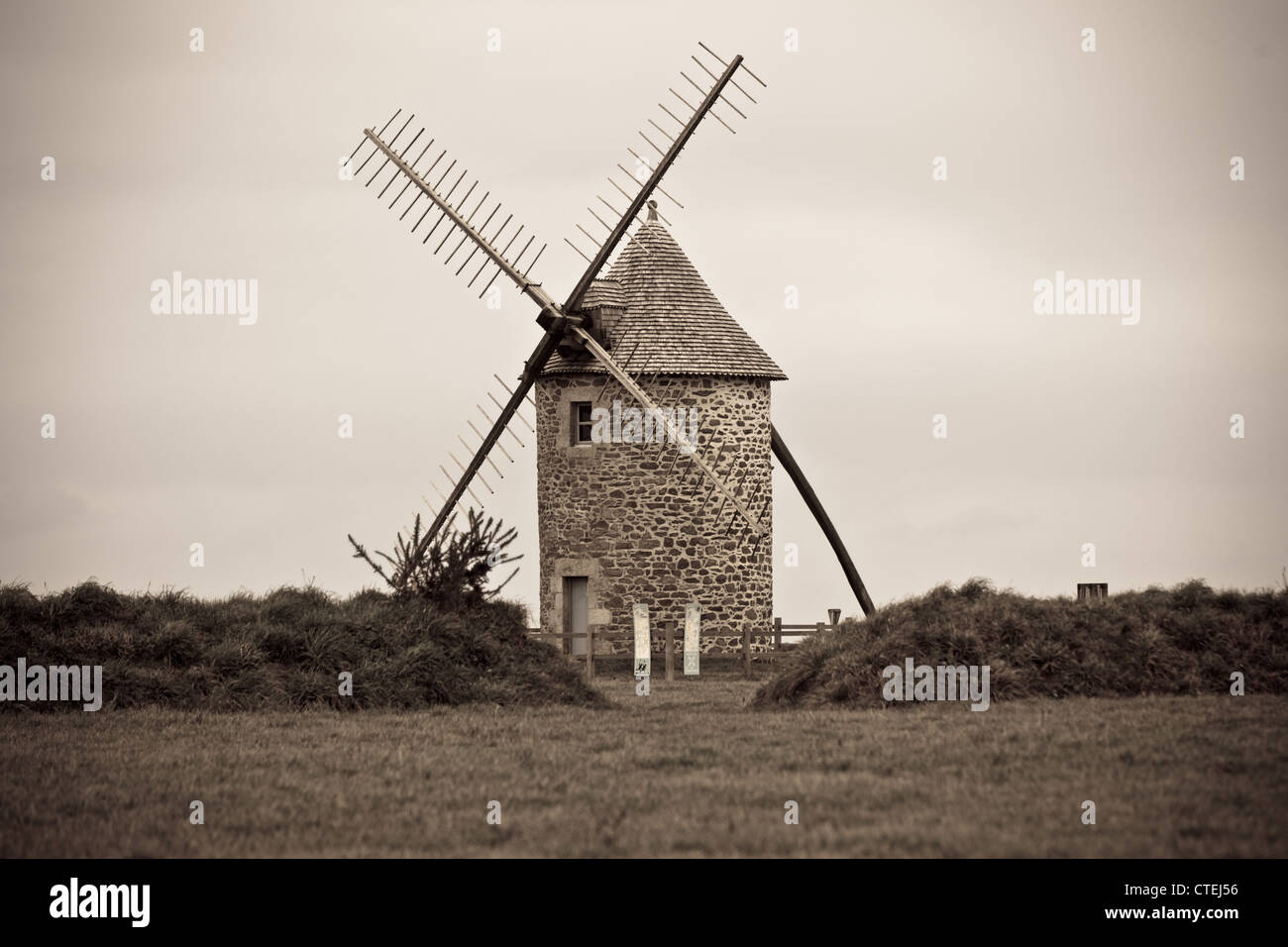 Dull Landscape with Old windmill in Brittany, Western France. Toned ...