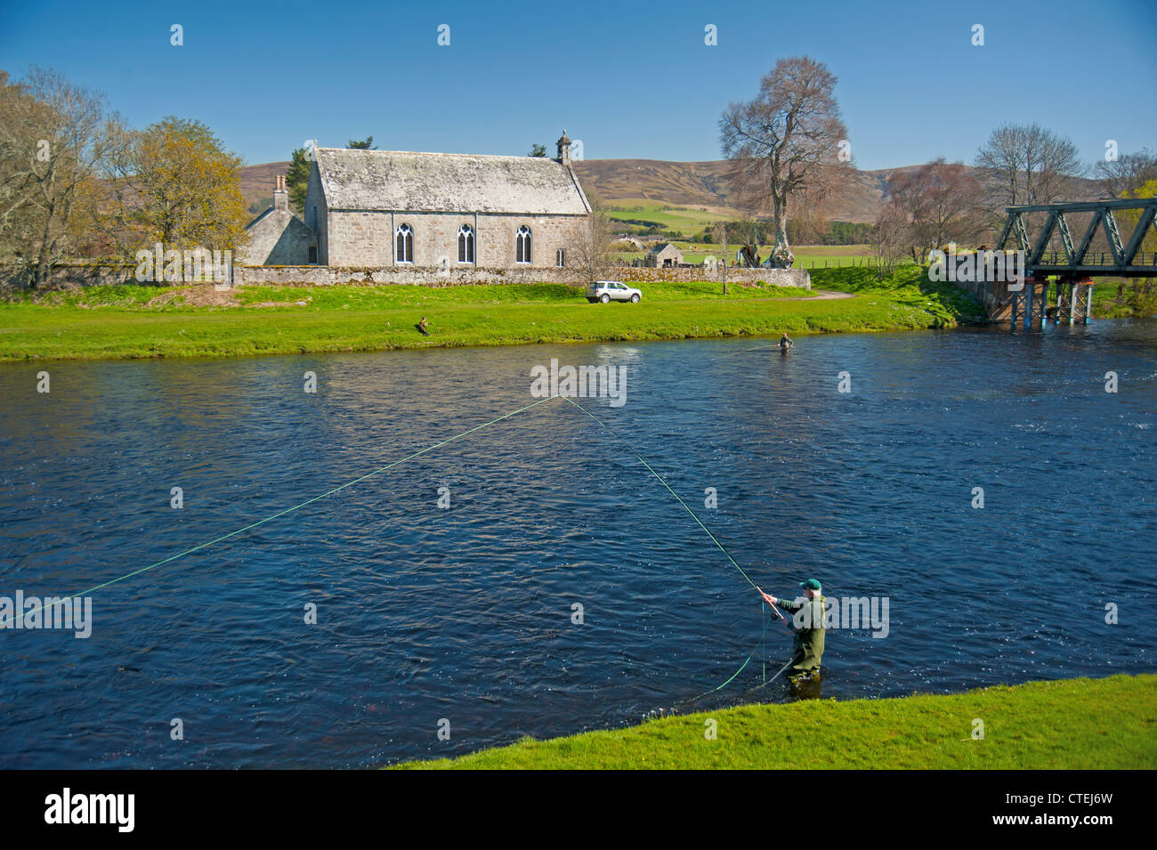 Salmon angler on the Scottish River Spey in Spring at Cromdale. SCO ...