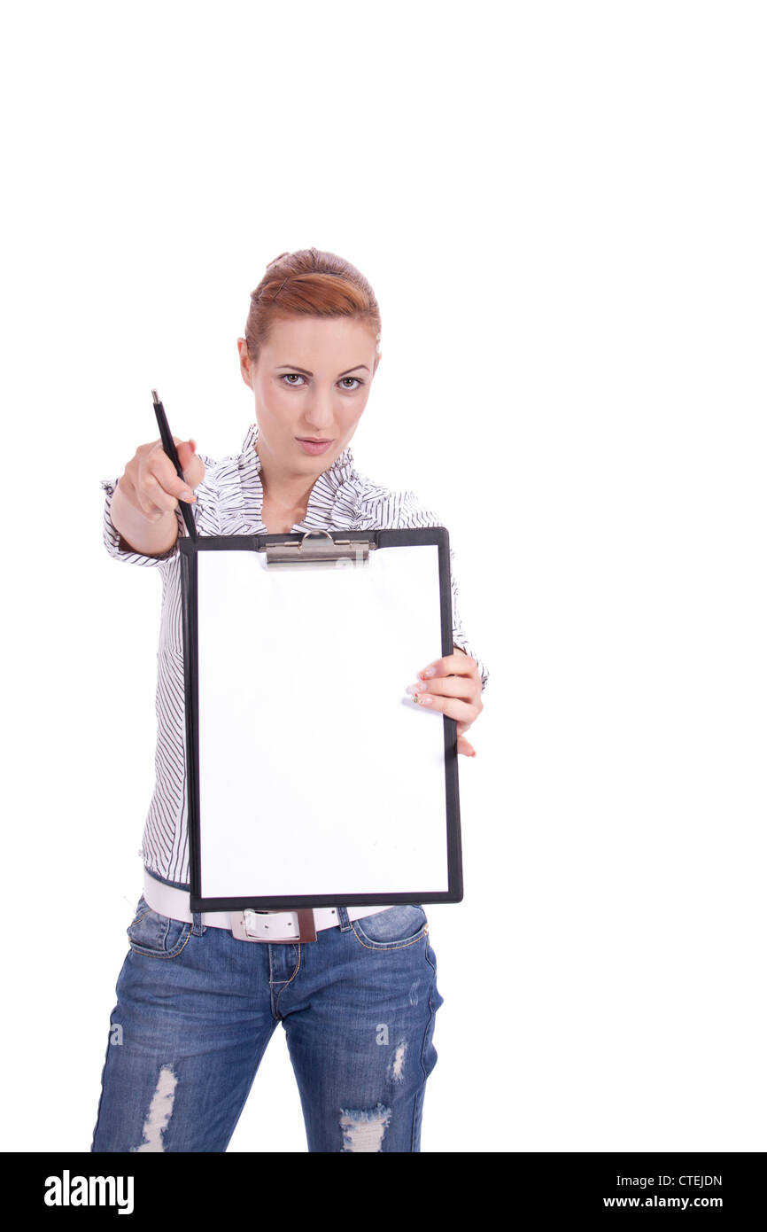 young business woman with clipboard isolated on white Stock Photo - Alamy