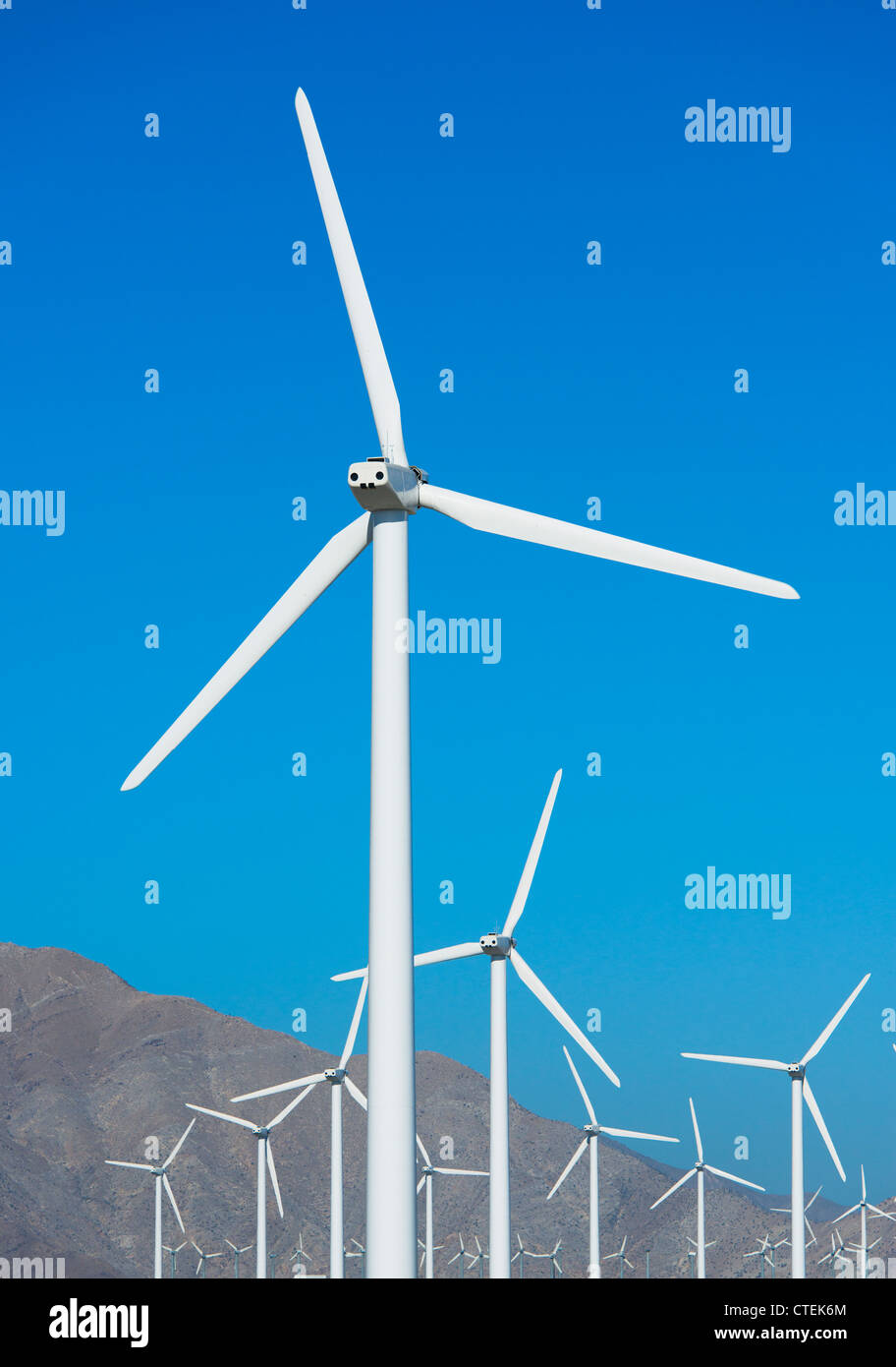 USA, California, Palm Springs, Wind turbines against blue sky Stock ...