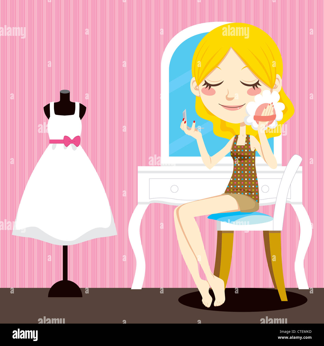 Cute blond woman in sitting front of dressing table holding a hand ...