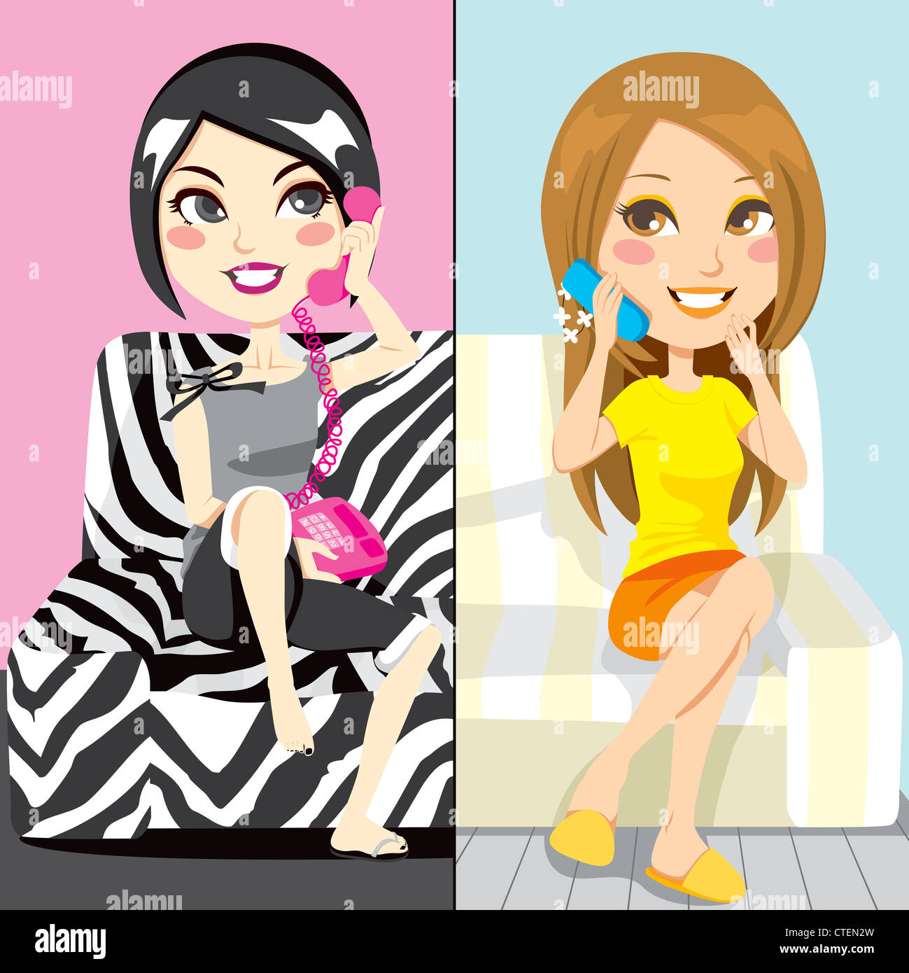 Girls gossip on the phone talking friendly smiling and sitting on sofa ...