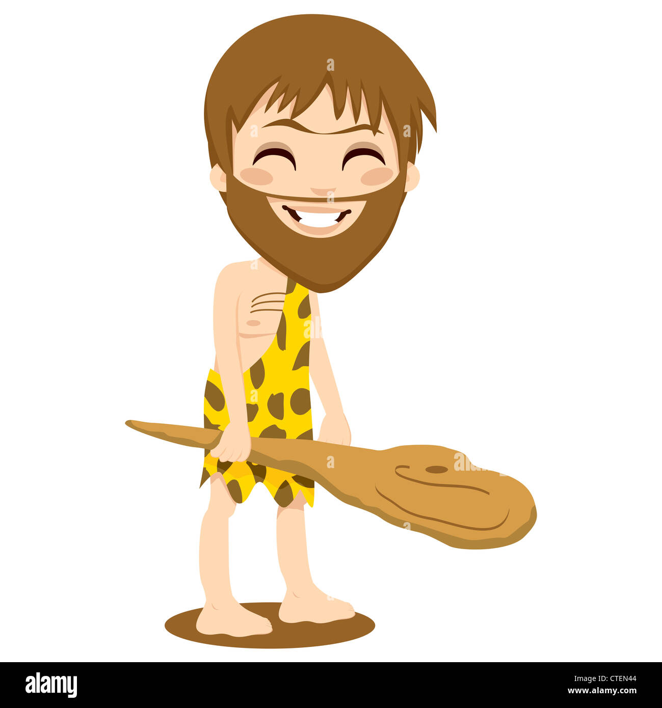 Cute happy caveman smiling and holding a wooden club with his hand ...
