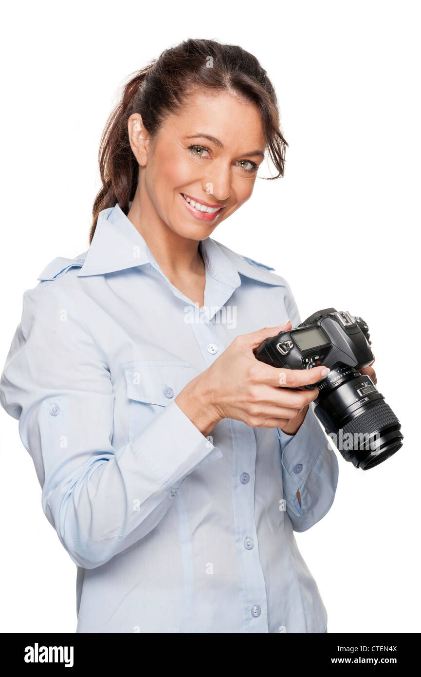 Full isolated woman with dslr Stock Photo - Alamy