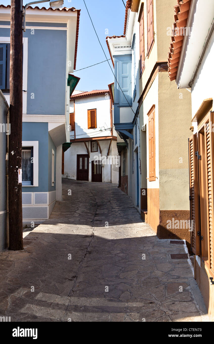 Brightly painted houses in the village of Ano Vathi, Samos, Greece ...
