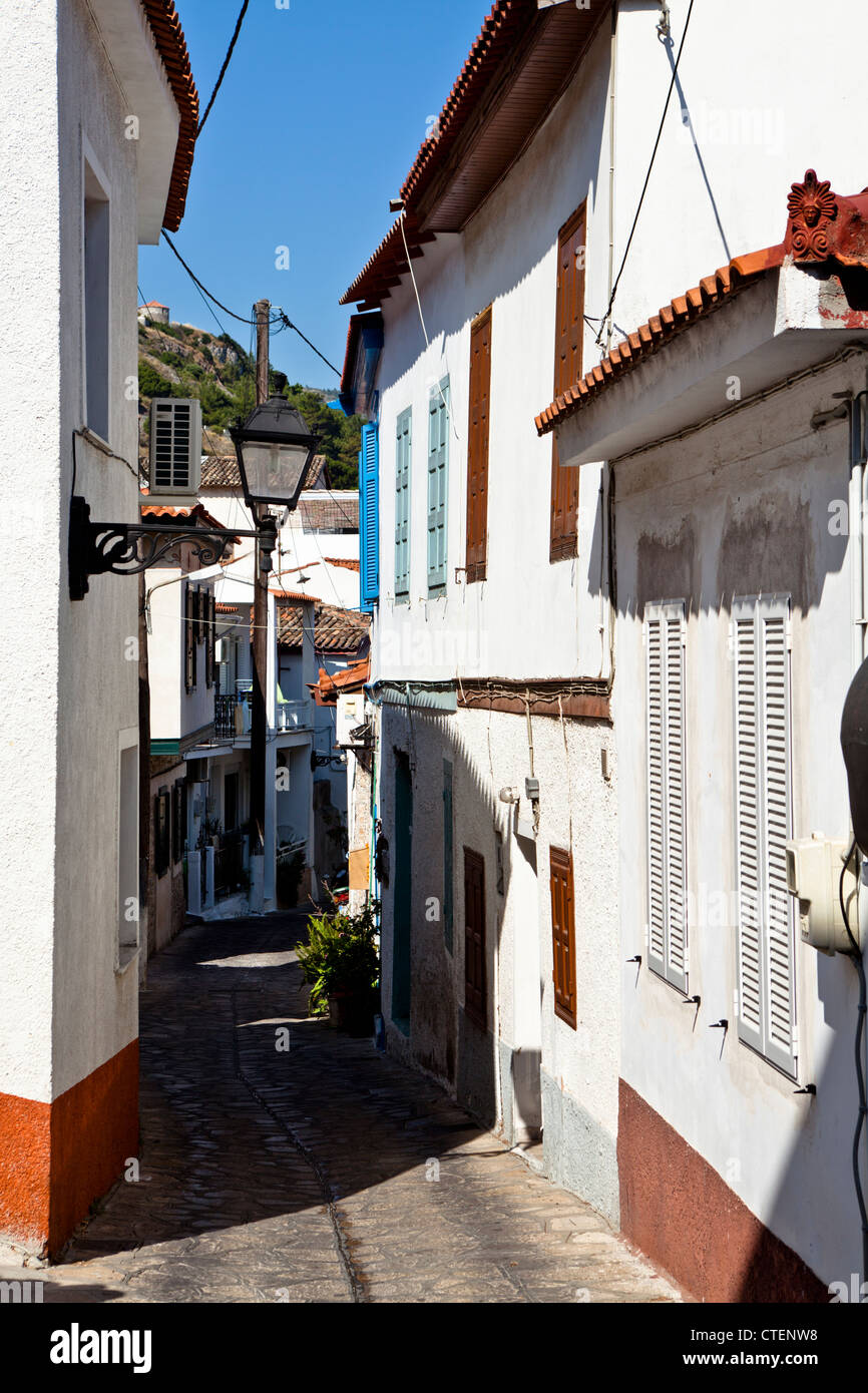 Brightly painted houses and narrow cobbled streets in the village of ...
