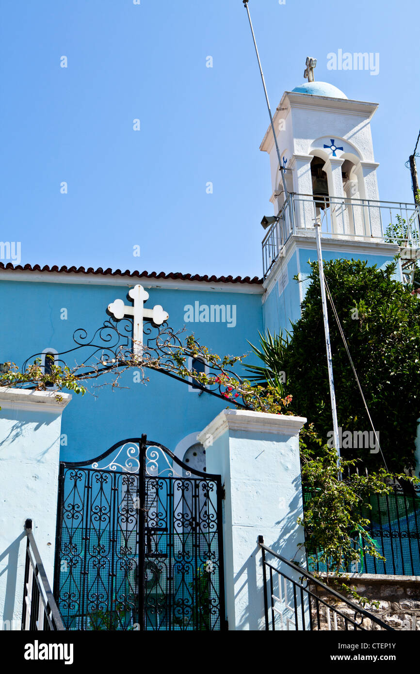 Colourful blue church in the old village of Ano Vathi, Samos, Greece ...
