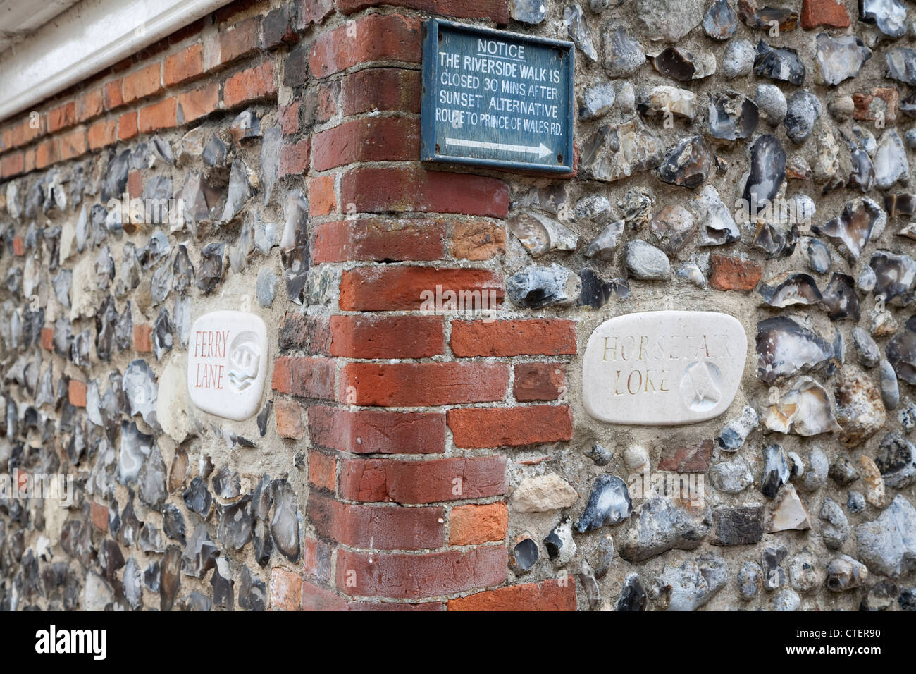 Street signs and notice to riverside walk Norwich Stock Photo - Alamy
