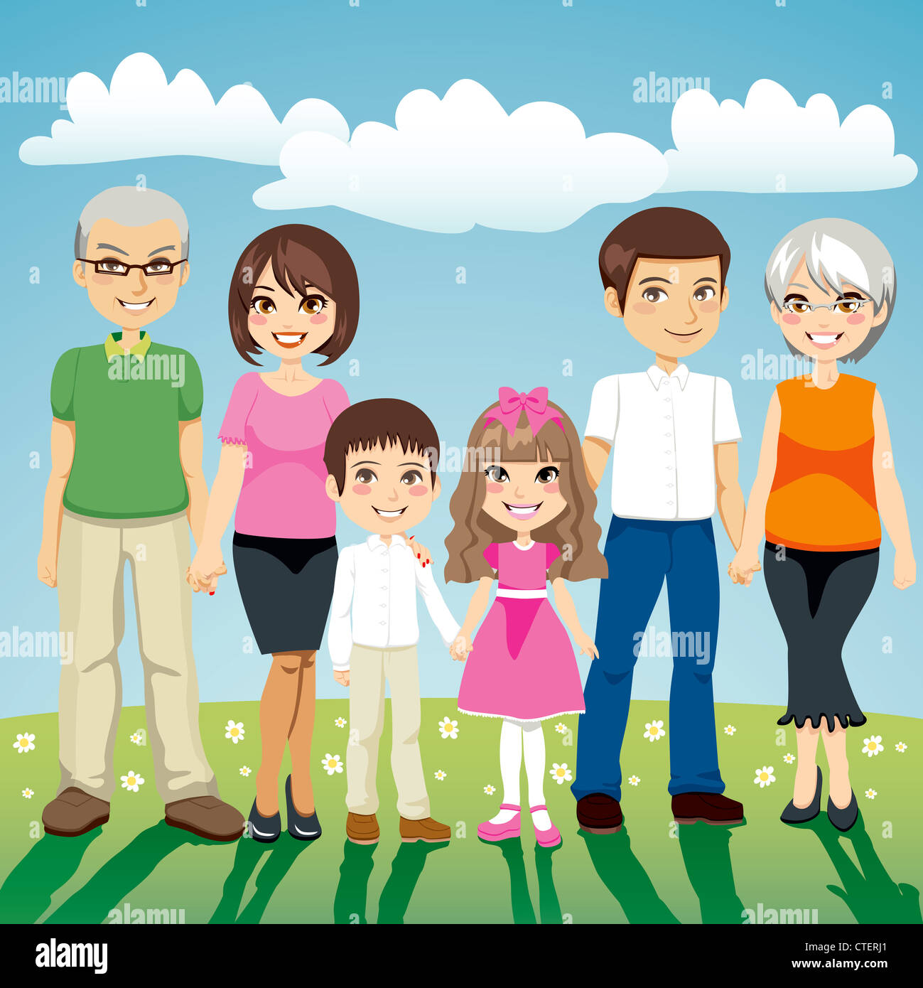 Cartoon Family Of Six Holding Hands