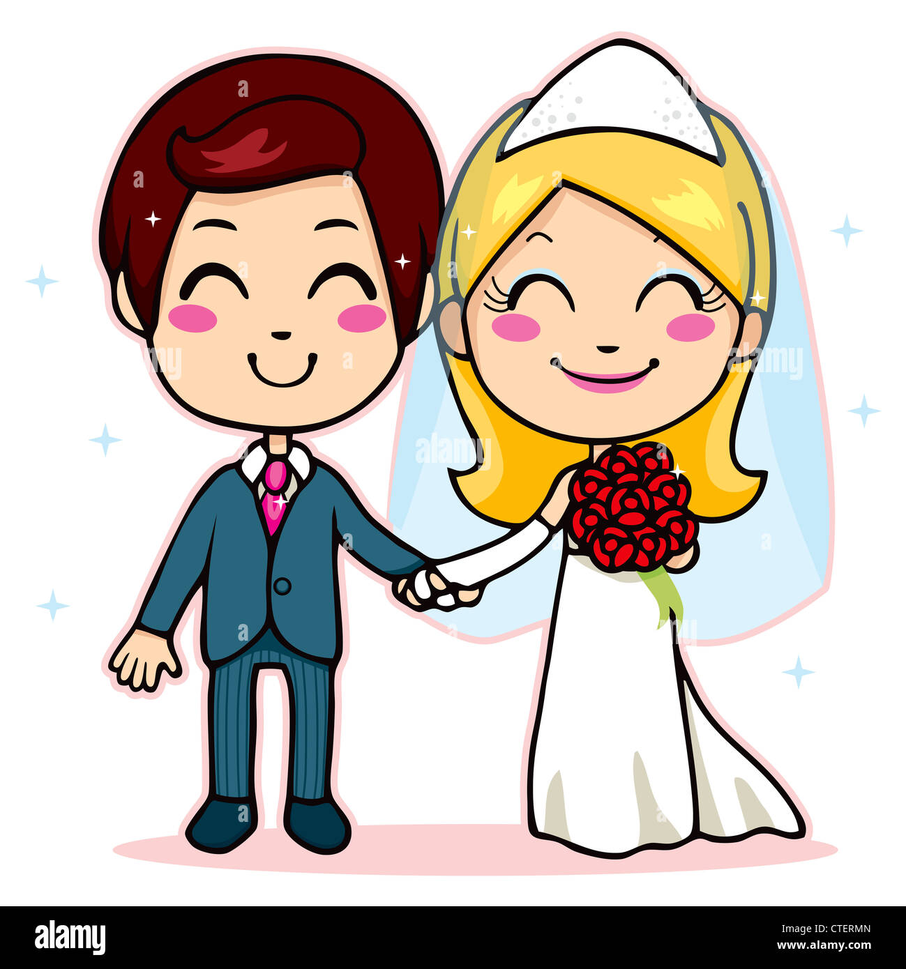 Cute married couple smiling with joy holding hands on wedding day Stock ...