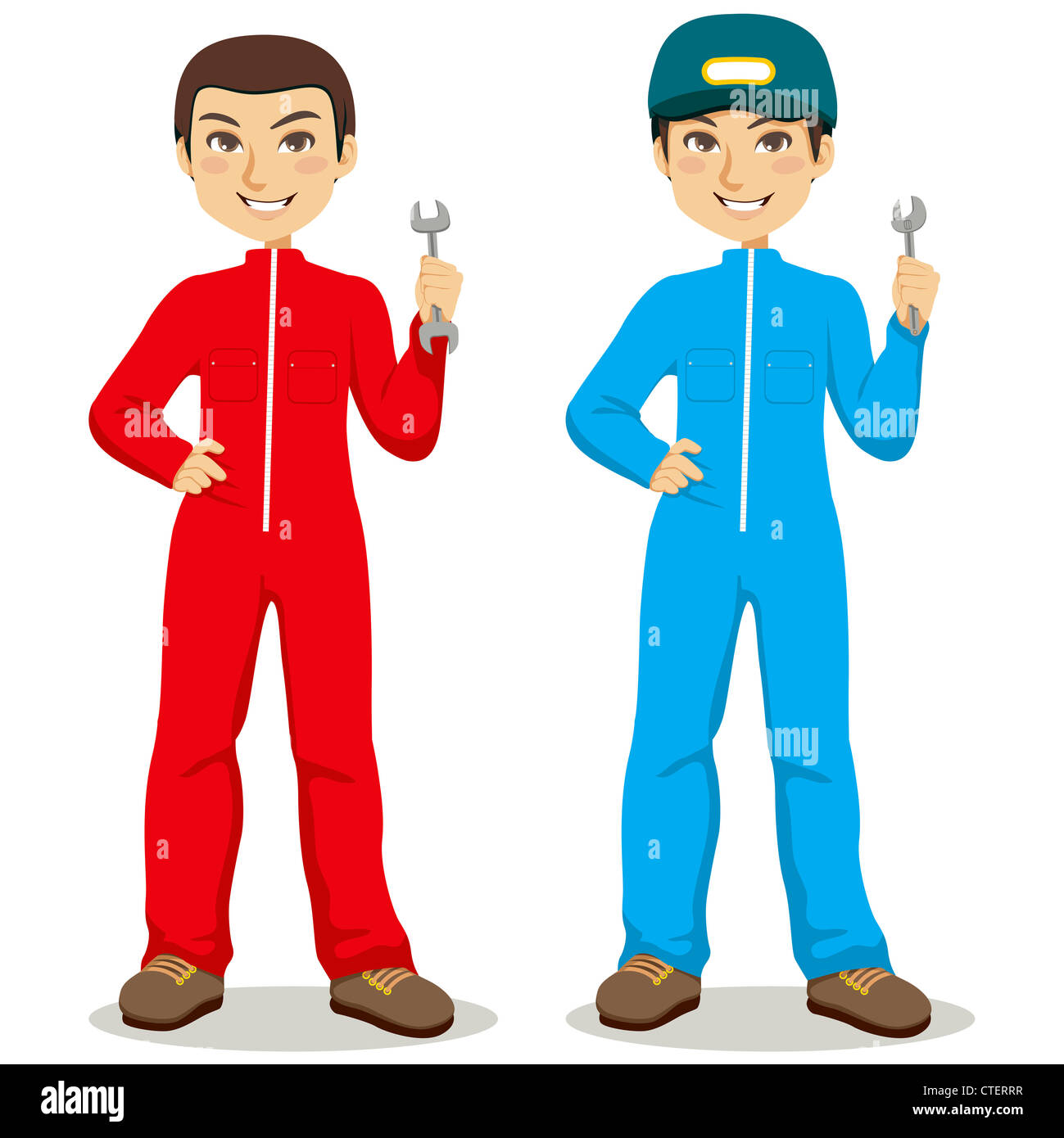 Twin mechanic workers with red and blue overalls holding wrench and ...