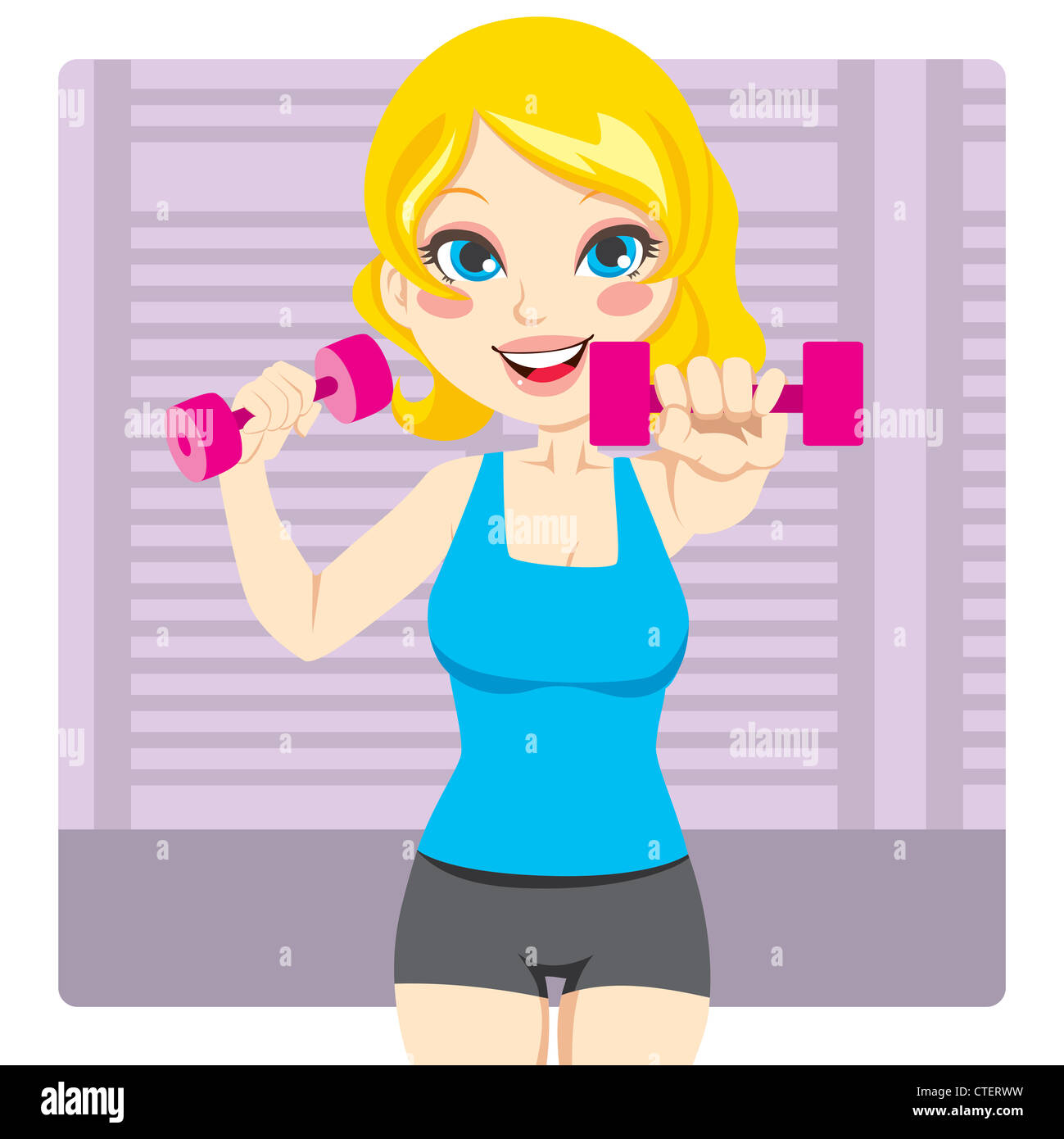 Beautiful and fit blond girl exercising with two dumbbell weights on ...